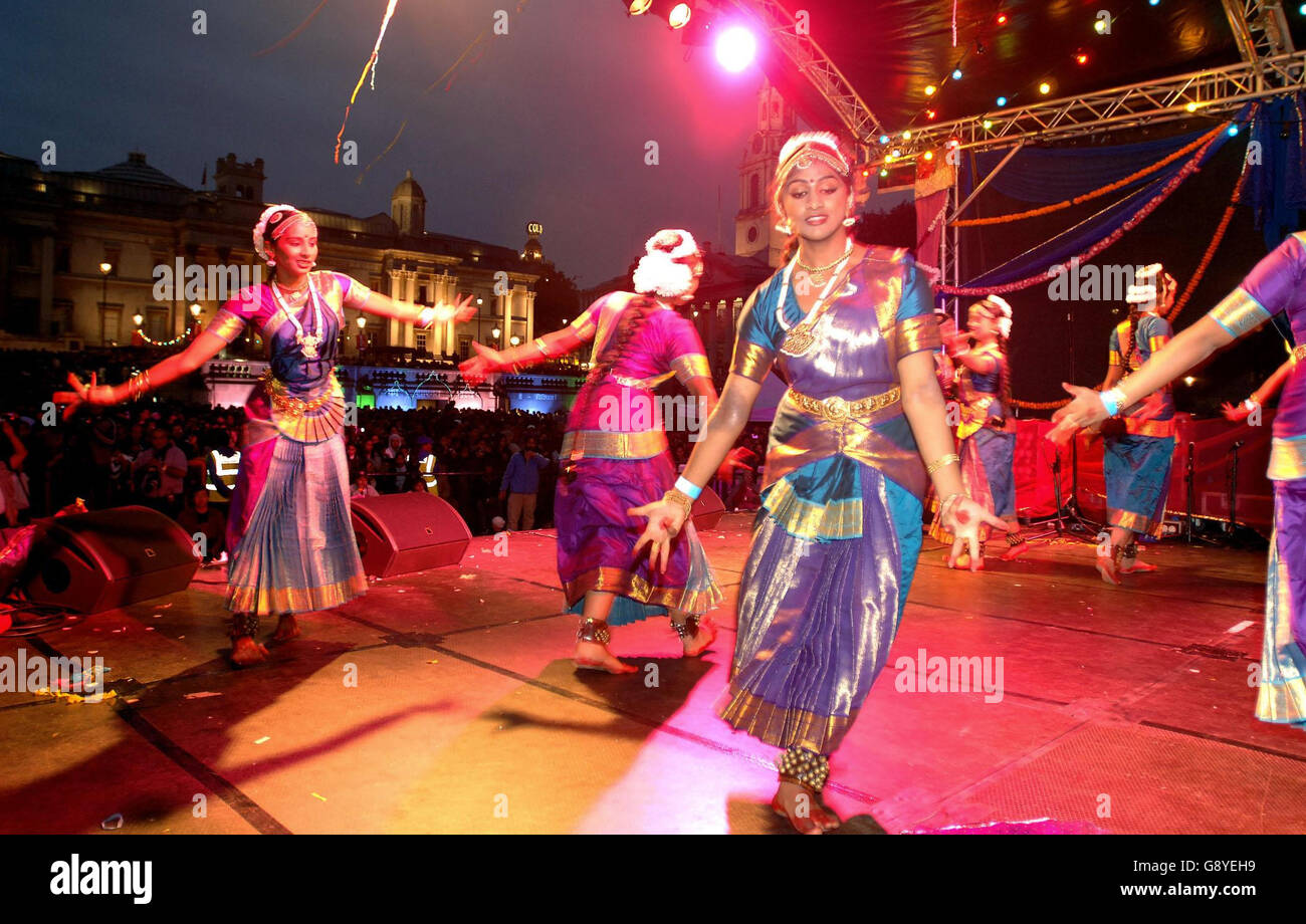Group traditional indian dancers perform on stage in trafalgar square ...