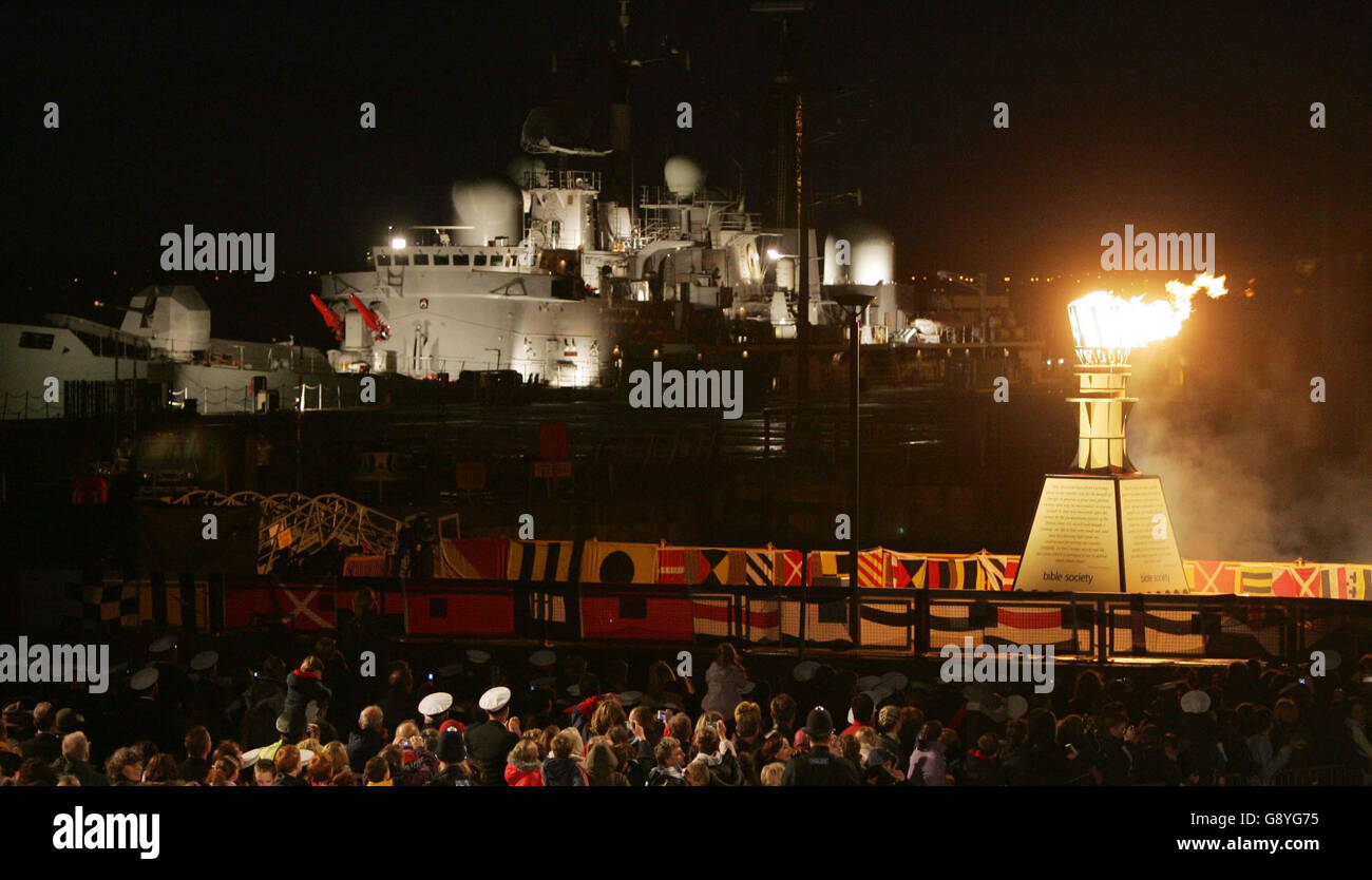 The beacon lit by Britain's Queen Elizabeth II at Portsmouth, blazes in ...