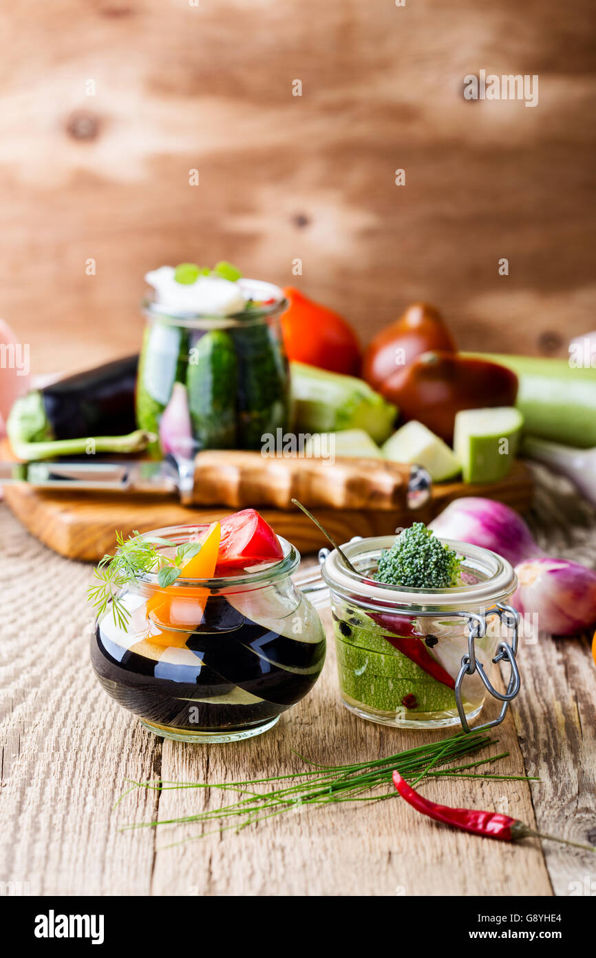 Homemade vegetables preserves. Collection set of pickled vegetables in ...