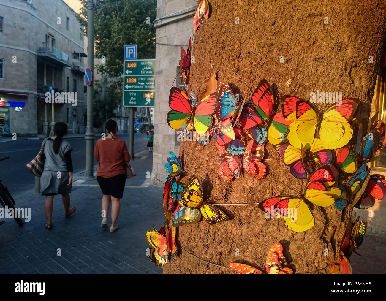 Jerusalem, Israel. 29th June, 2016. Artificial butterflies decorating a ...