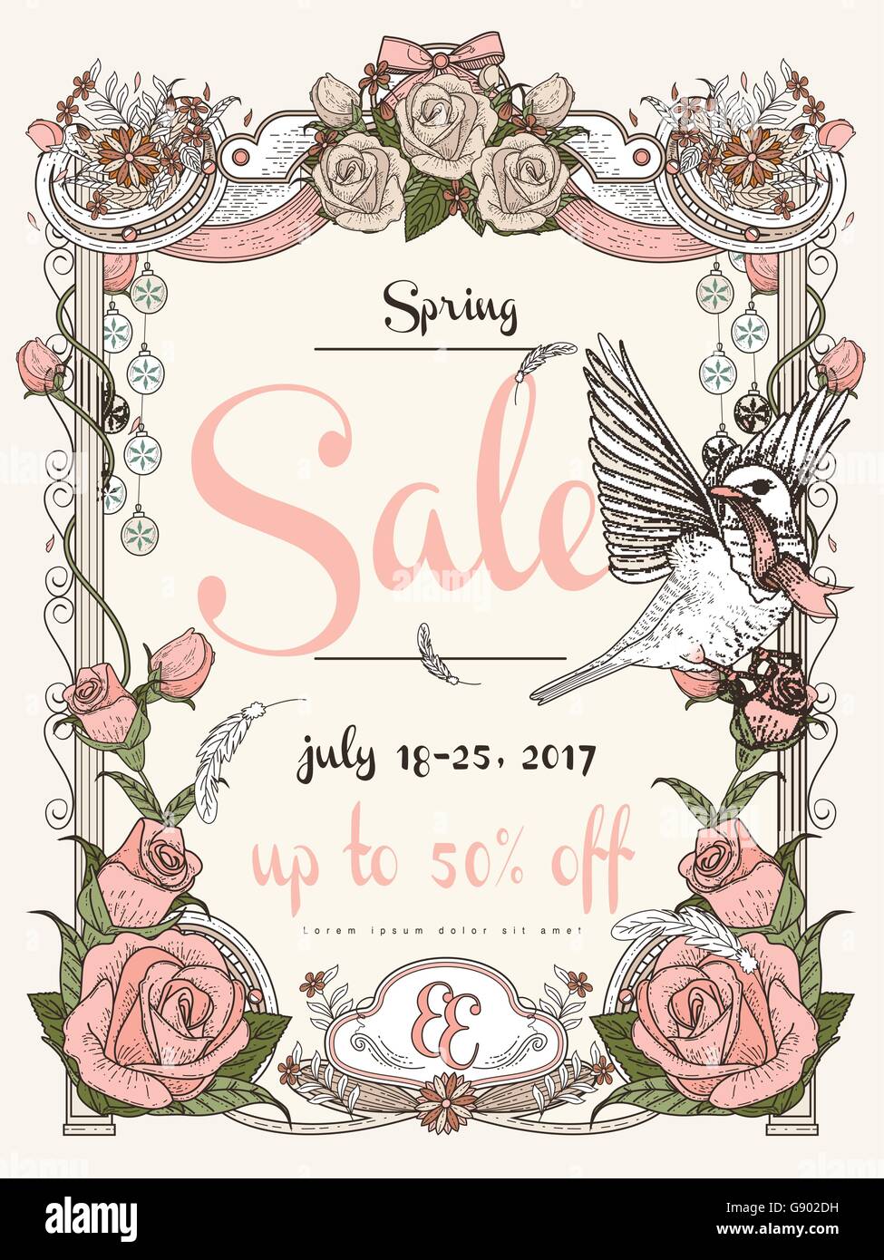 romantic sale poster template design with dove and decorative floral ...