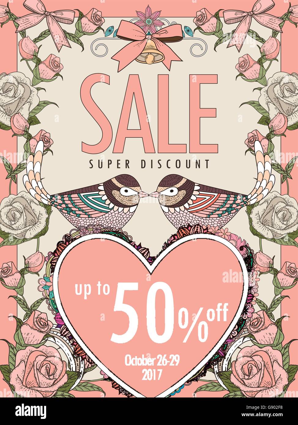 romantic sale poster template design with bird couple and roses frame ...