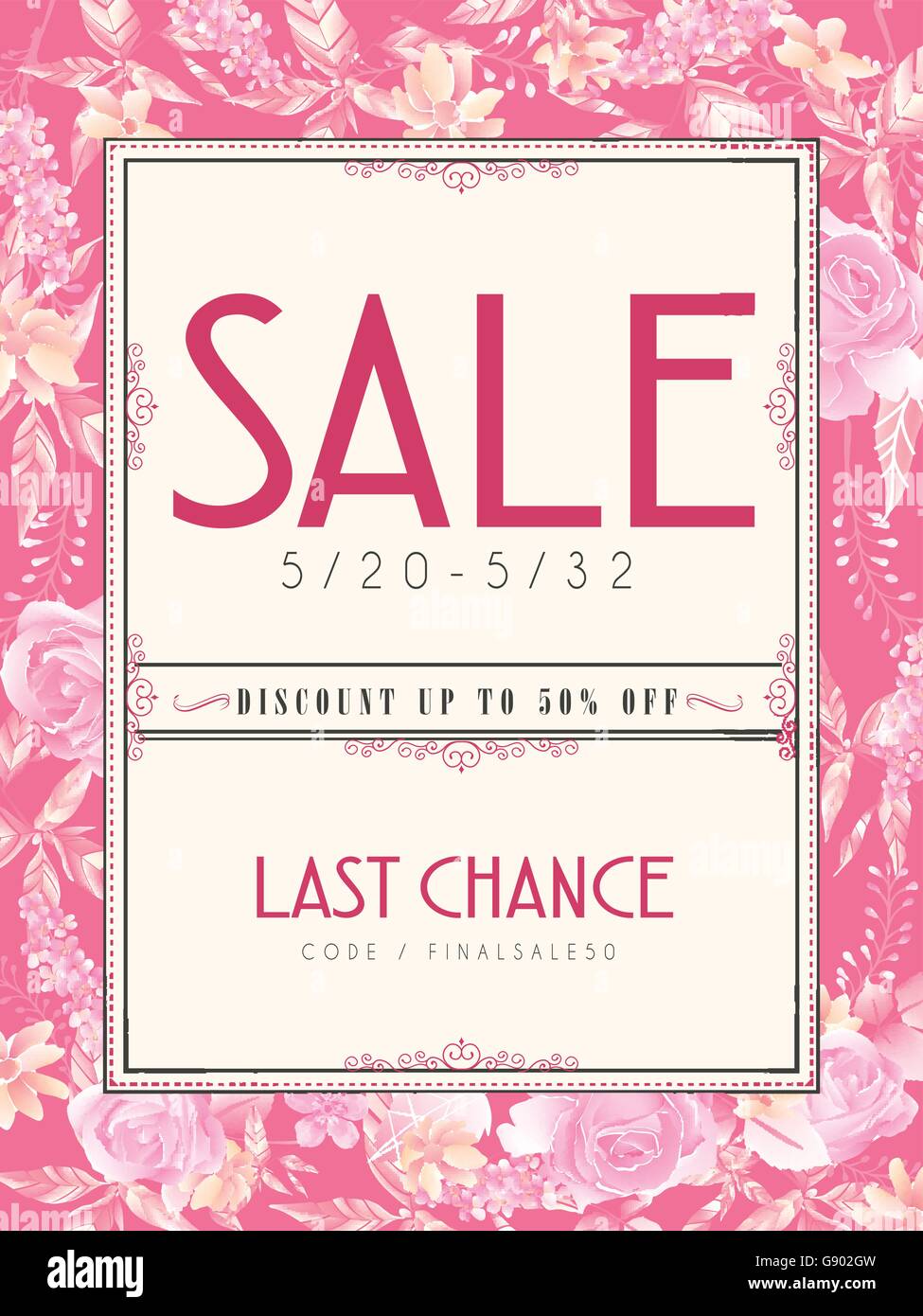 romantic sale poster template design with pink floral frame Stock ...