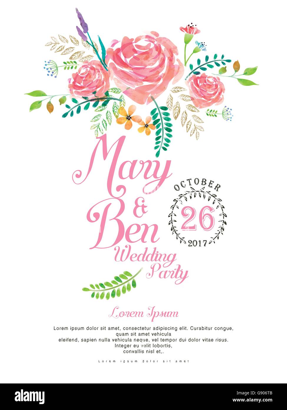 elegant wedding celebration poster design with watercolor roses ...