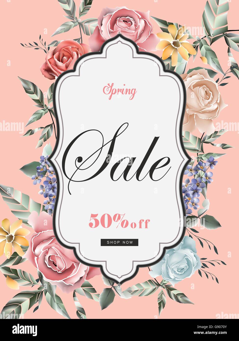 on sale poster template design with romantic roses and retro frames ...