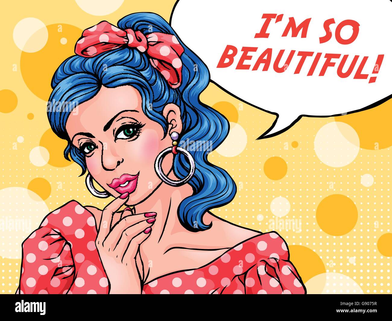 Pop art illustration and retro comic style. Attractive woman says I'M ...