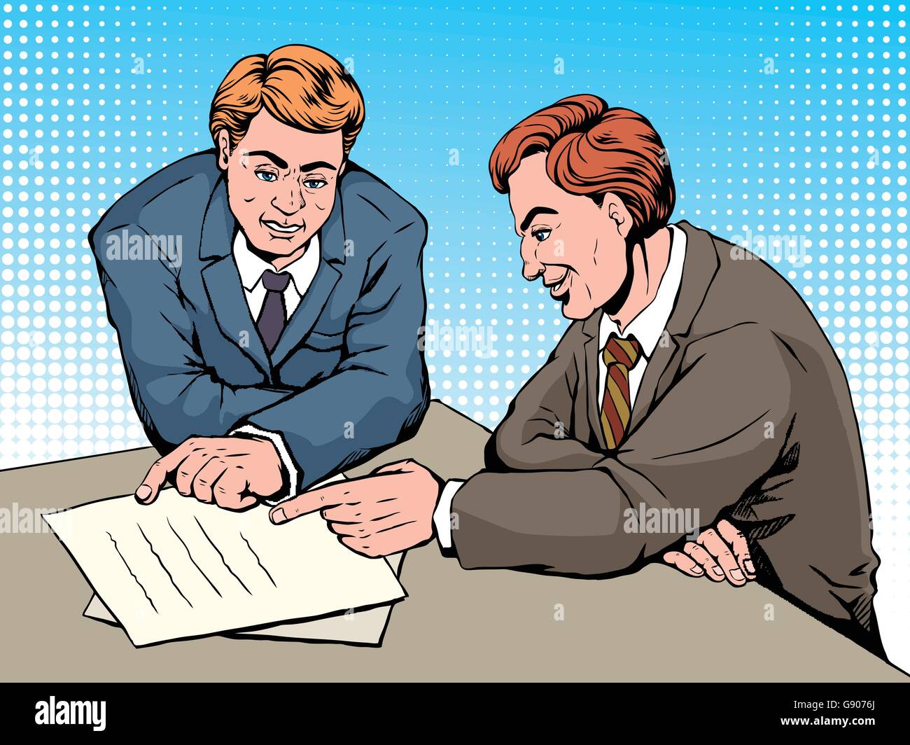 Pop art illustration and retro comic style. Men discussing about the ...