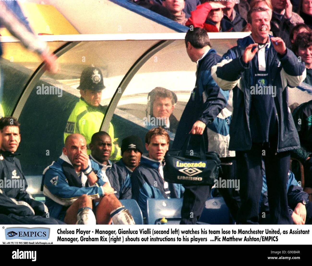 Chelsea Player - Manager, Gianluca Vialli (second left) watches his ...