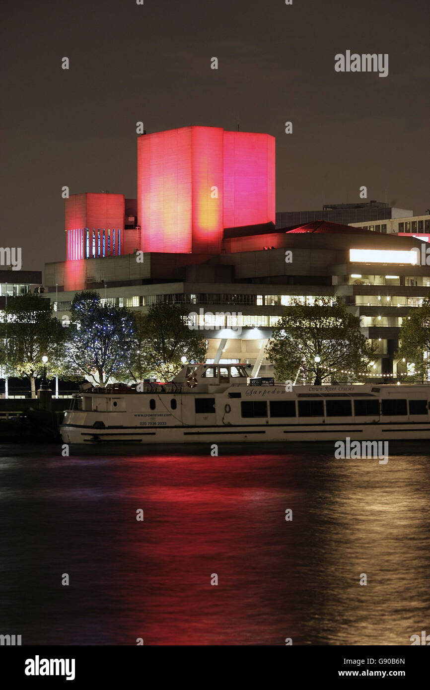 The National Theatre Lyttelton Flytower is bathed in red light to mark Chinese President Hu ...