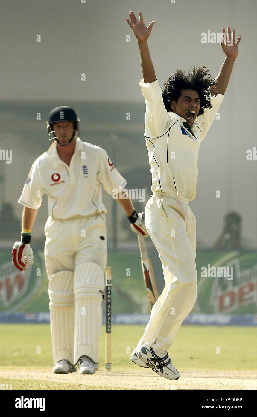 Pakistan's Mohammad Sami (R) celebrates taking the wicket of England's ...
