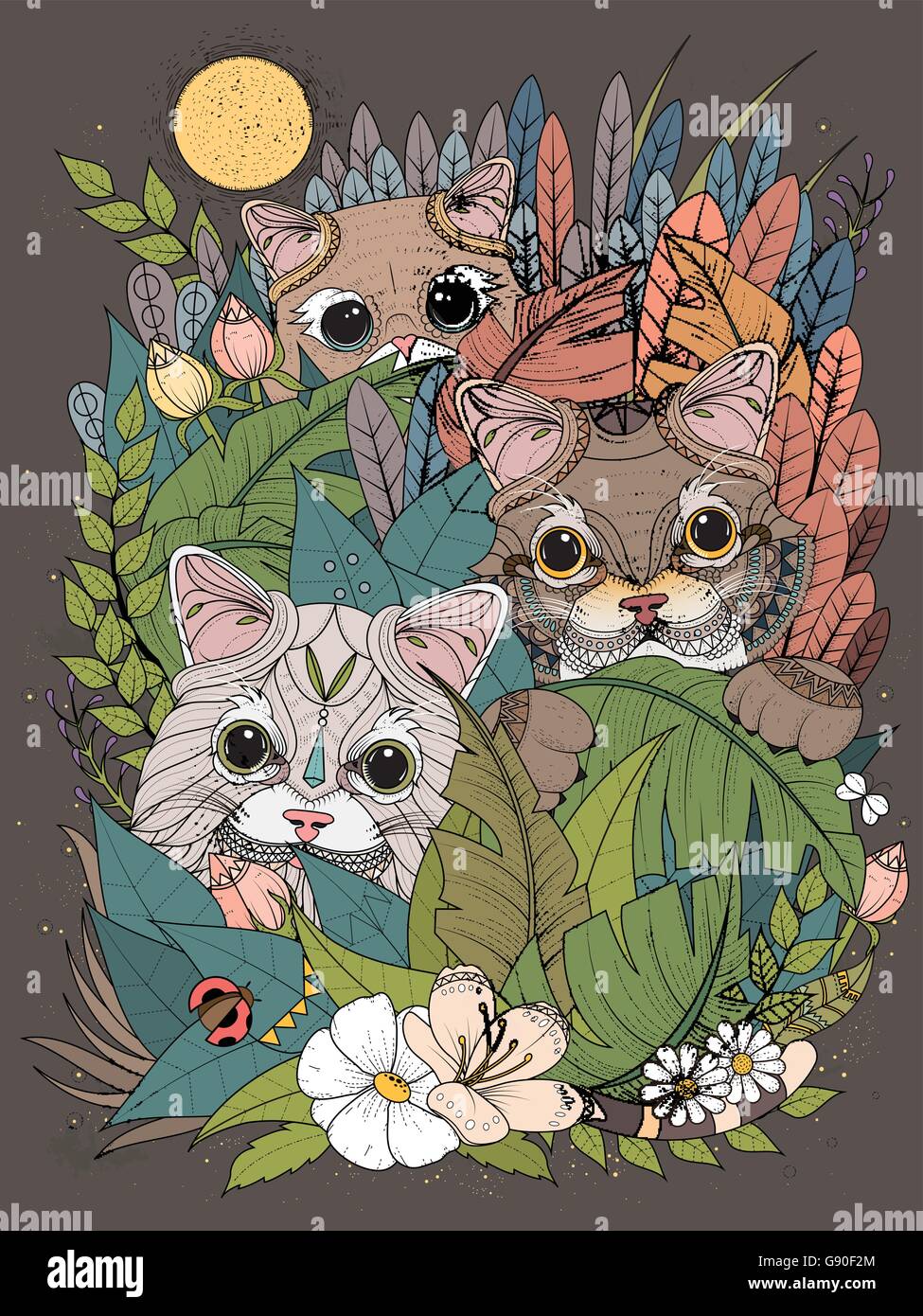 adult coloring page - wild kitties hiding behind plants Stock Vector ...
