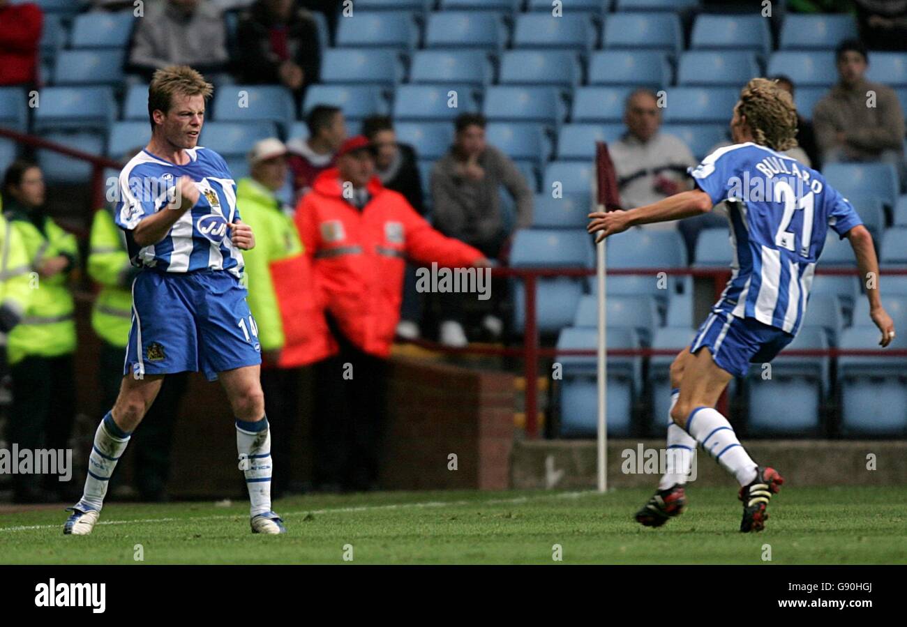 L r wigan athletics alan mahon celebrates scoring with jimmy bullard hi ...