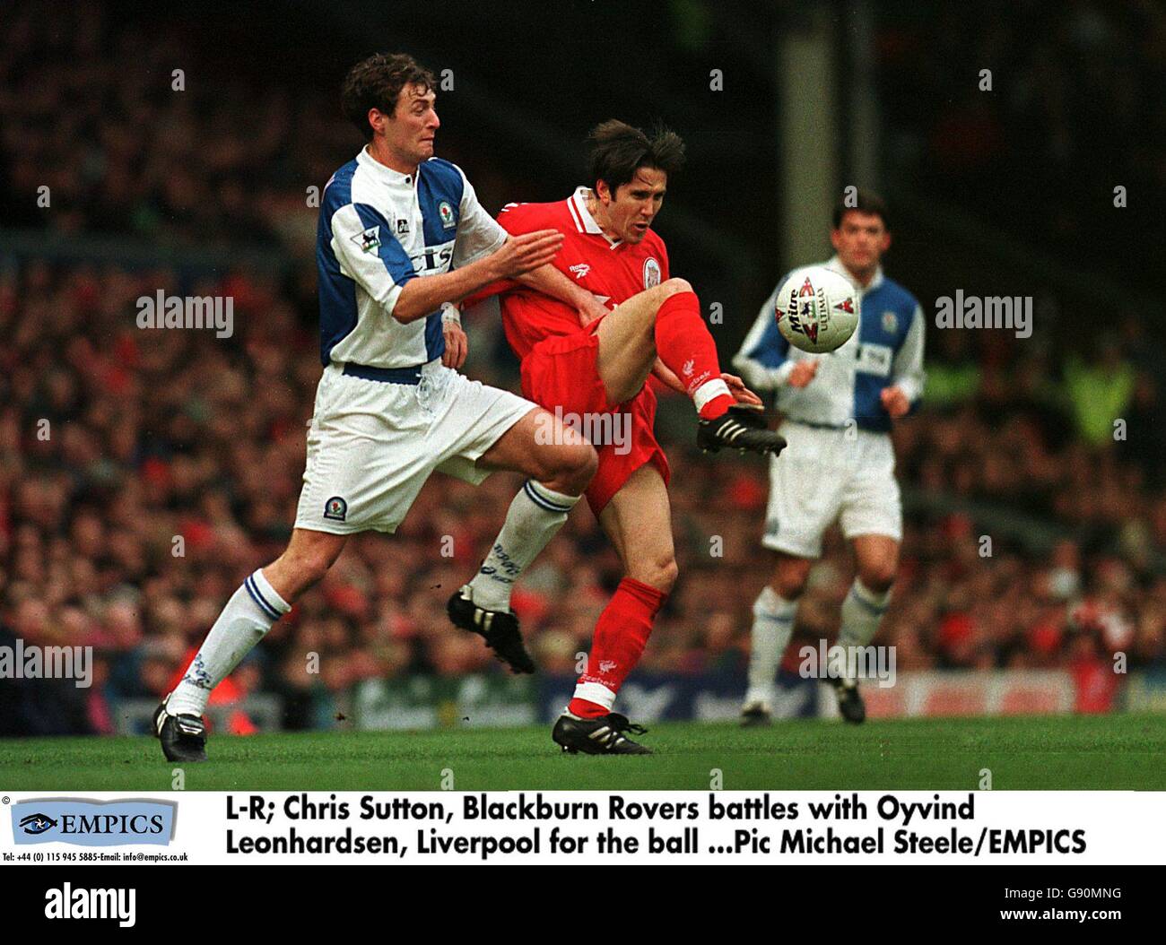 L-R; Chris Sutton, Blackburn Rovers battles with Oyvind Leonhardsen ...