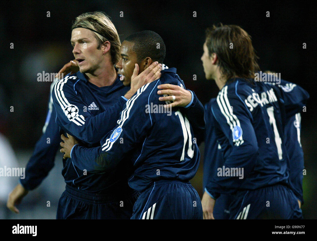 Real Madrid's David Beckham congratulates goal scorer Robinho Stock ...