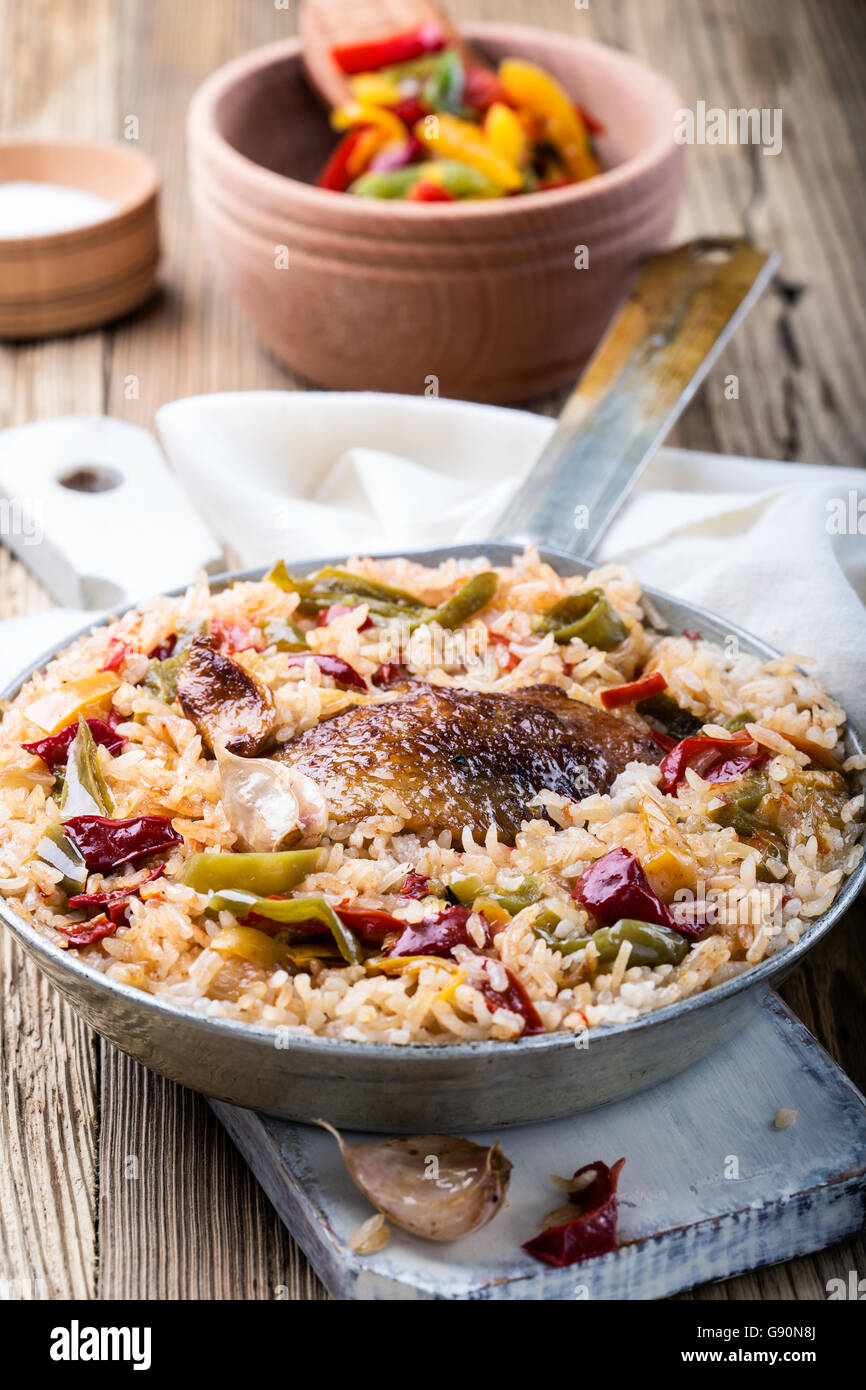 One pot chicken rice, homemade roast chicken with white rice in rural ...