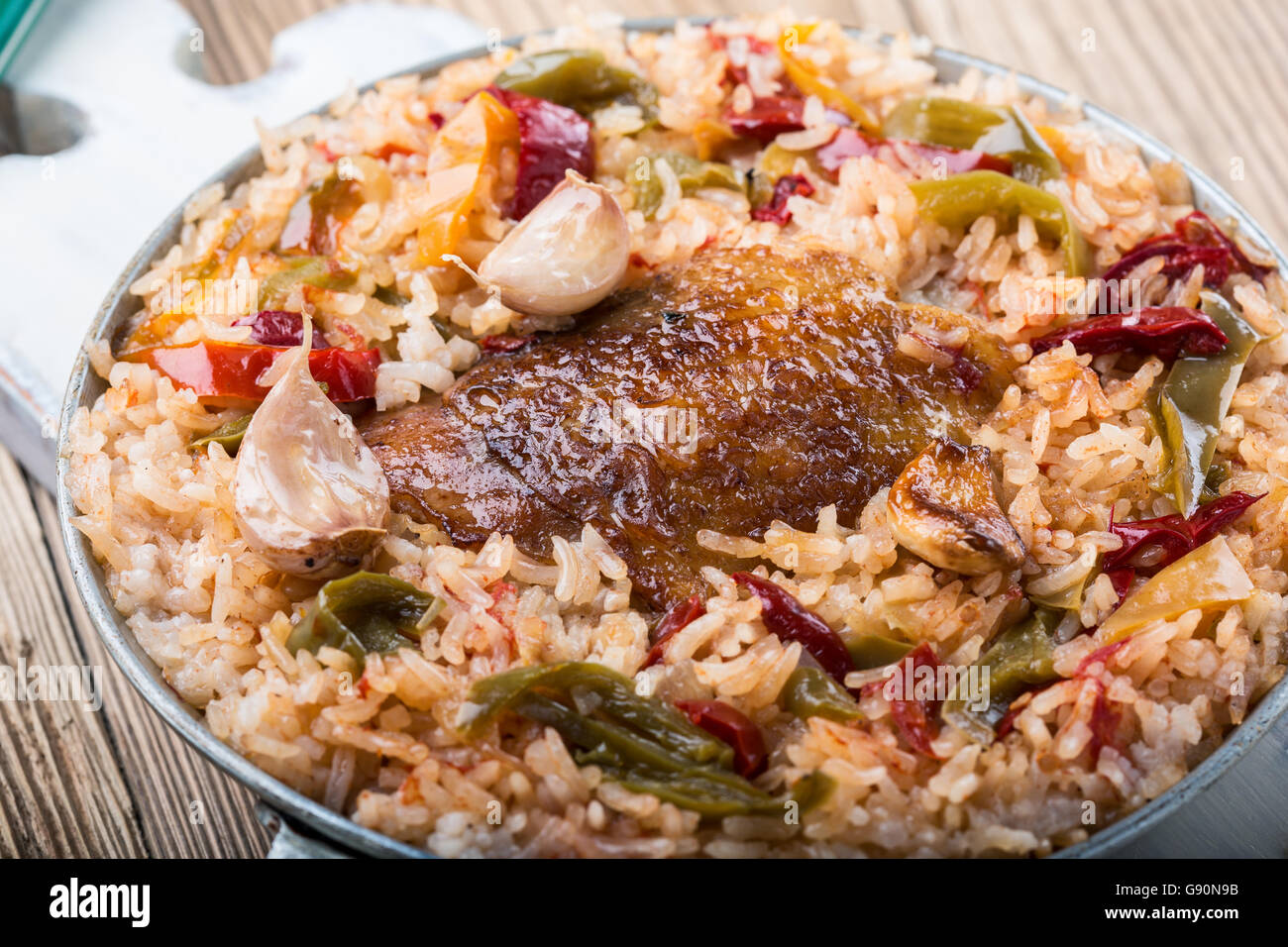 One pot chicken rice, homemade roast chicken with white rice in rural ...