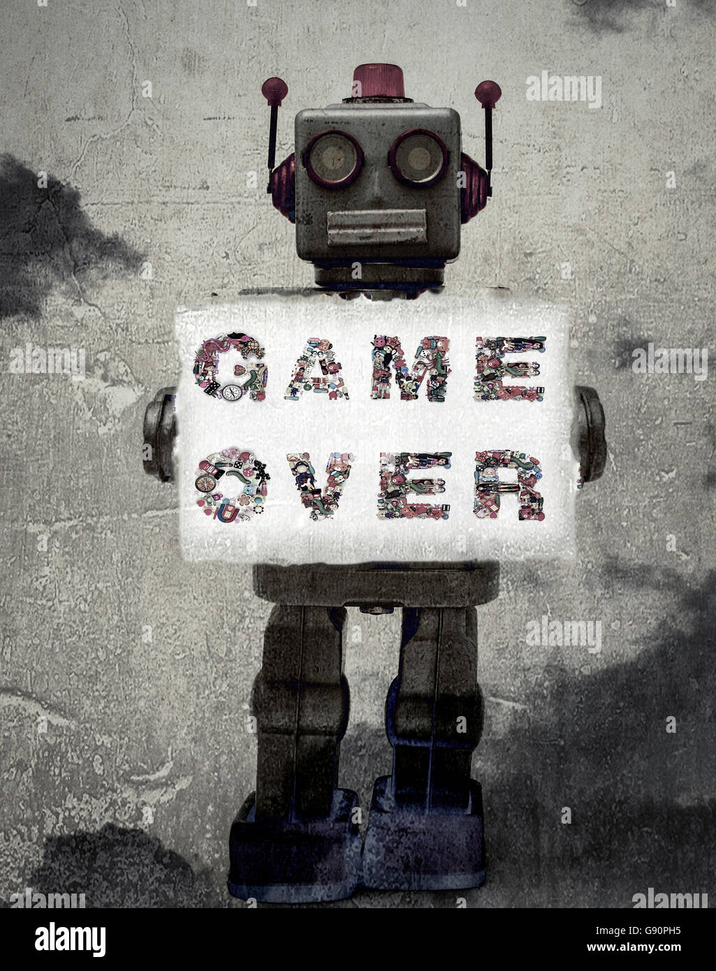 robot holing a sign game over Stock Photo - Alamy
