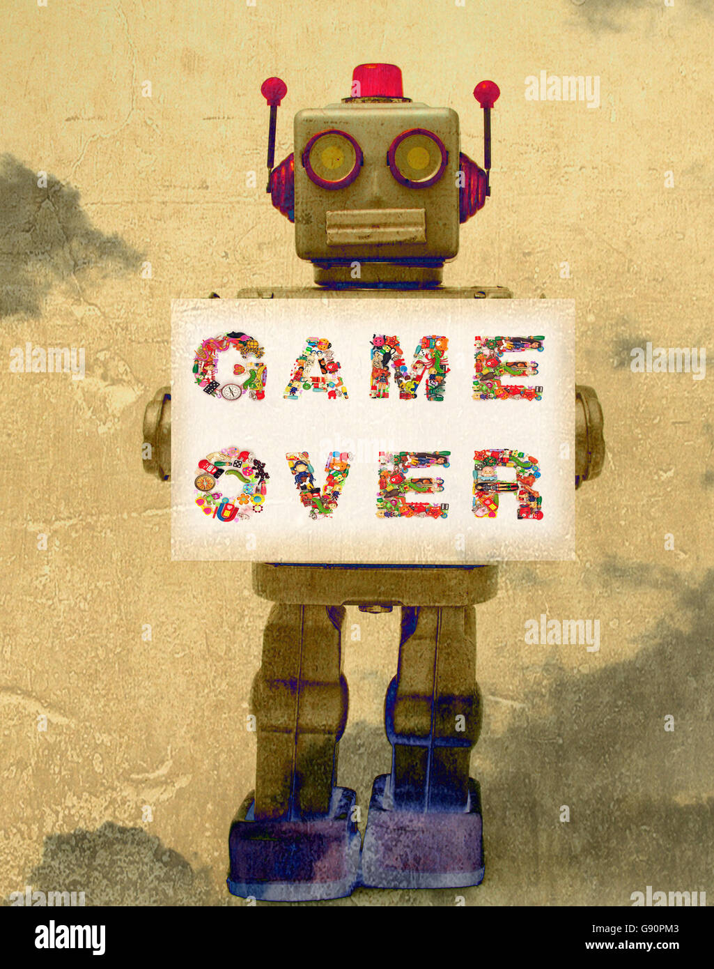 robot holing a sign game over Stock Photo - Alamy
