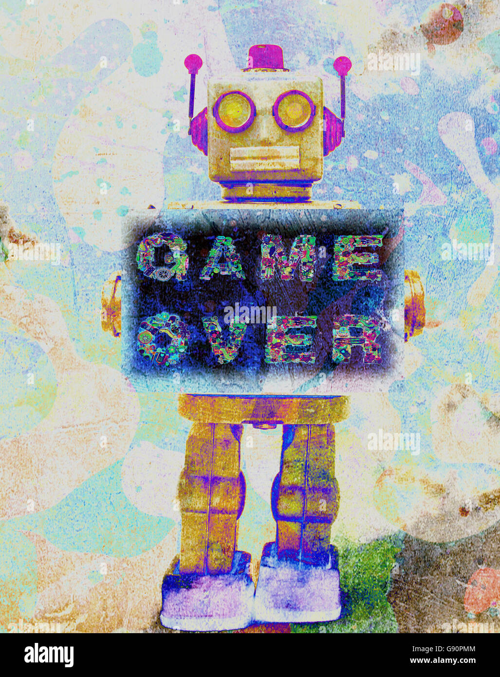 robot holing a sign game over Stock Photo - Alamy