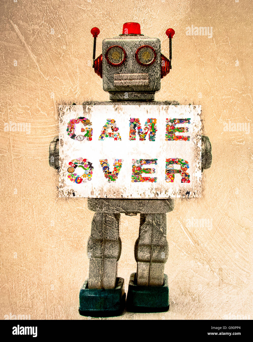 robot holing a sign game over Stock Photo - Alamy