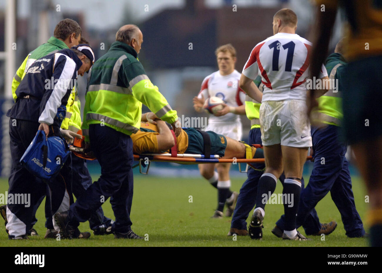 Australia's Matt Dunning is stretchered off against England during the ...