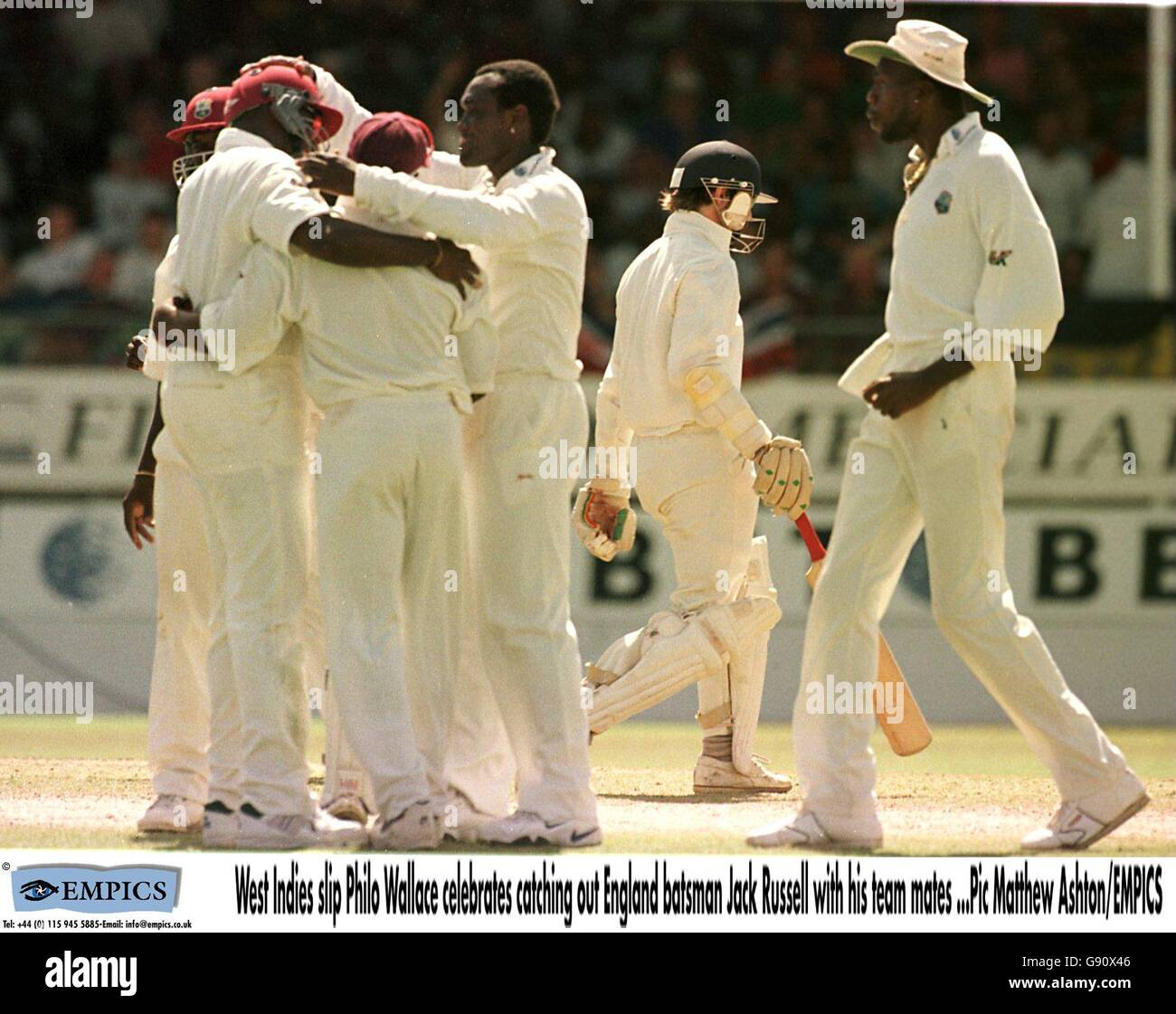 West Indies slip Philo Wallace celebrates catching out England batsman ...