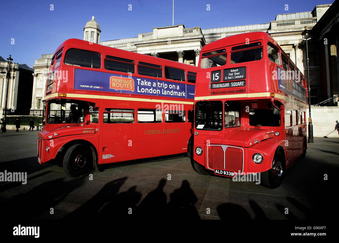 Two routemaster buses stand in trafalgar square hi-res stock ...