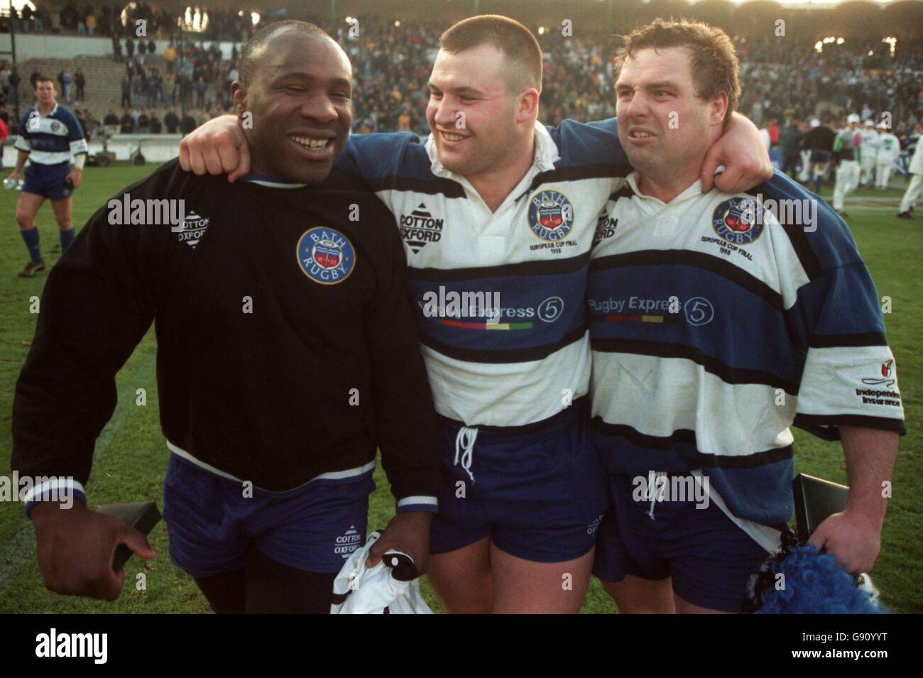 L-R: Victor Ubogu, Mark Regan and Dave Hilton of Bath celebrate after ...