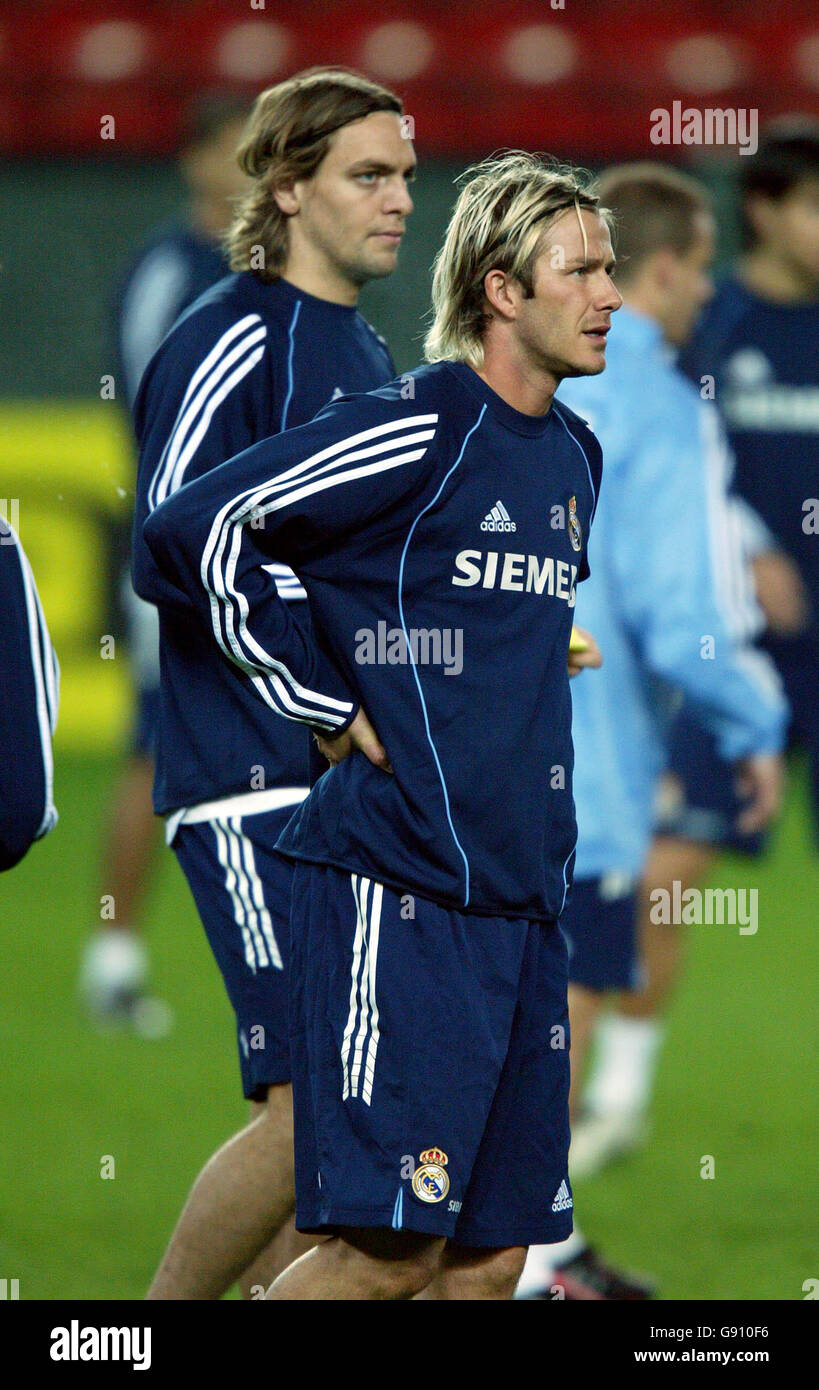 Real madrids jonathan woodgate and david beckham during training hi-res ...