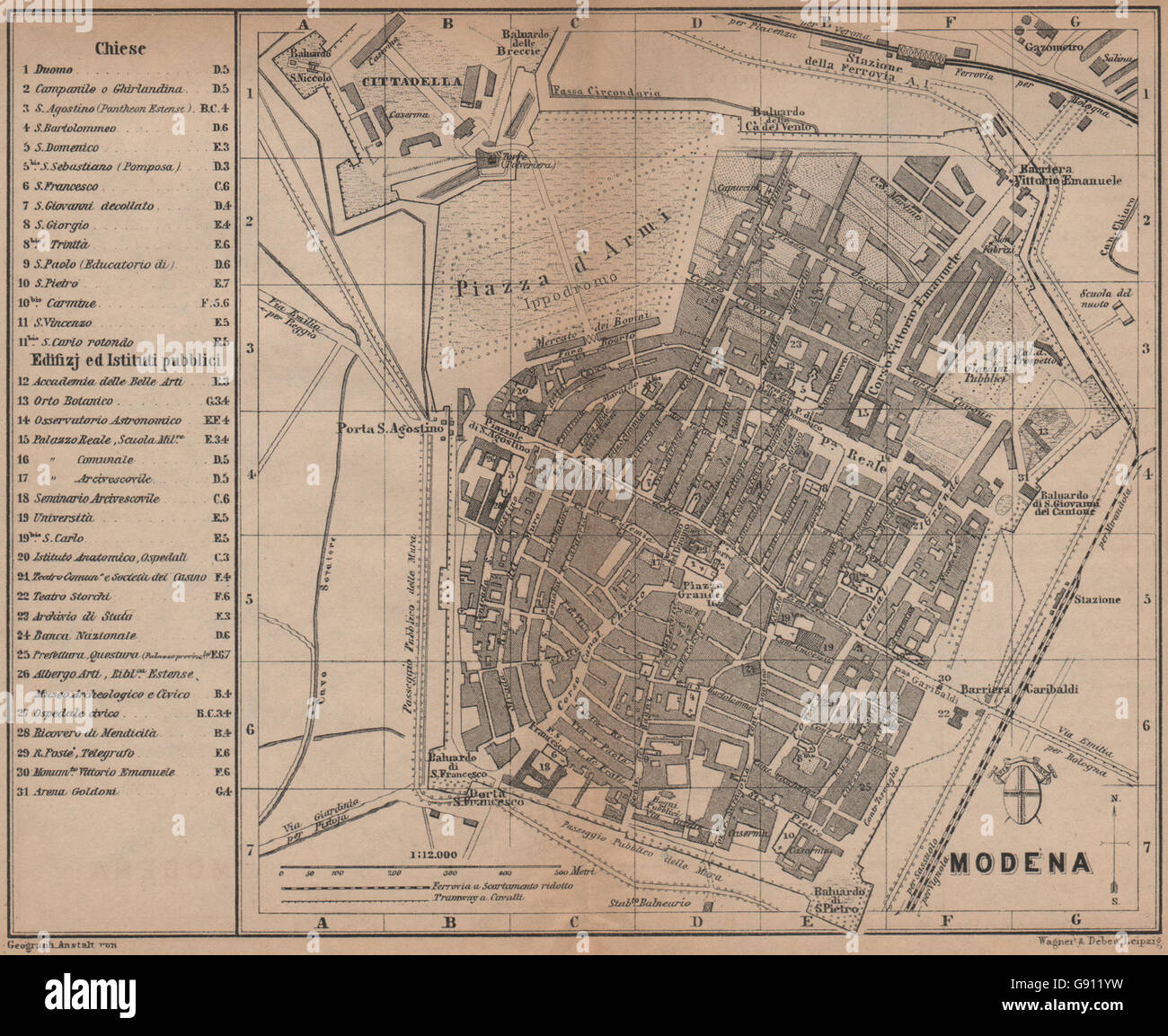 MODENA antique town city plan piano urbanistico. Italy mappa. BAEDEKER ...