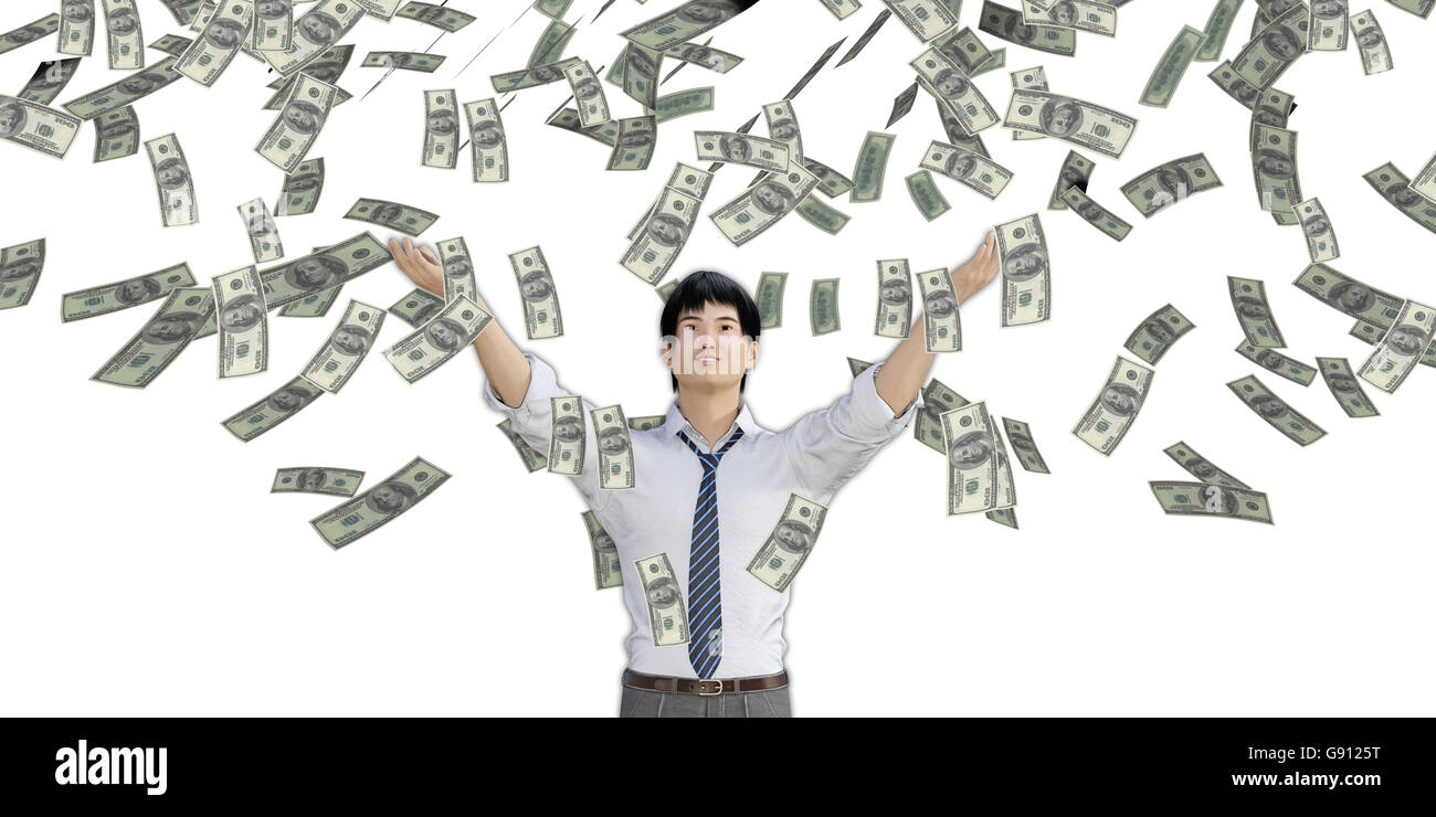 Asian Man Catching Money Falling From the Sky in US Dollars Stock Photo ...