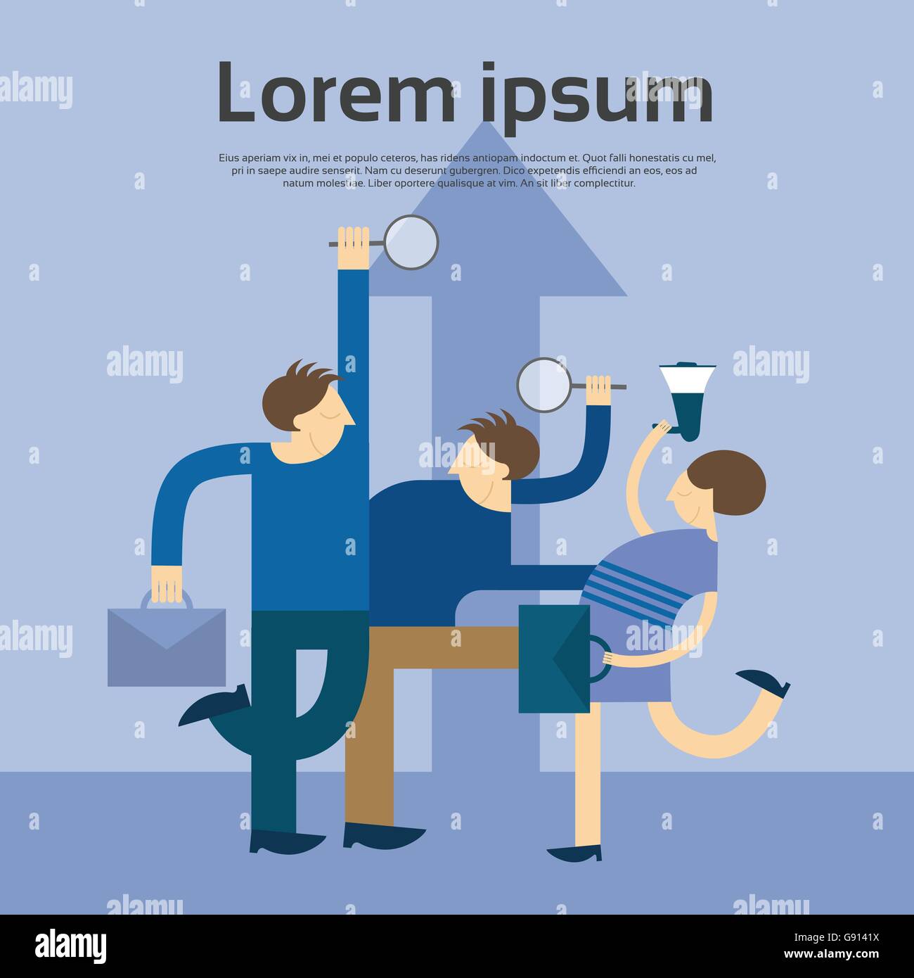 Business People Group Hold Magnifying Glass Arrow Up Background Stock ...