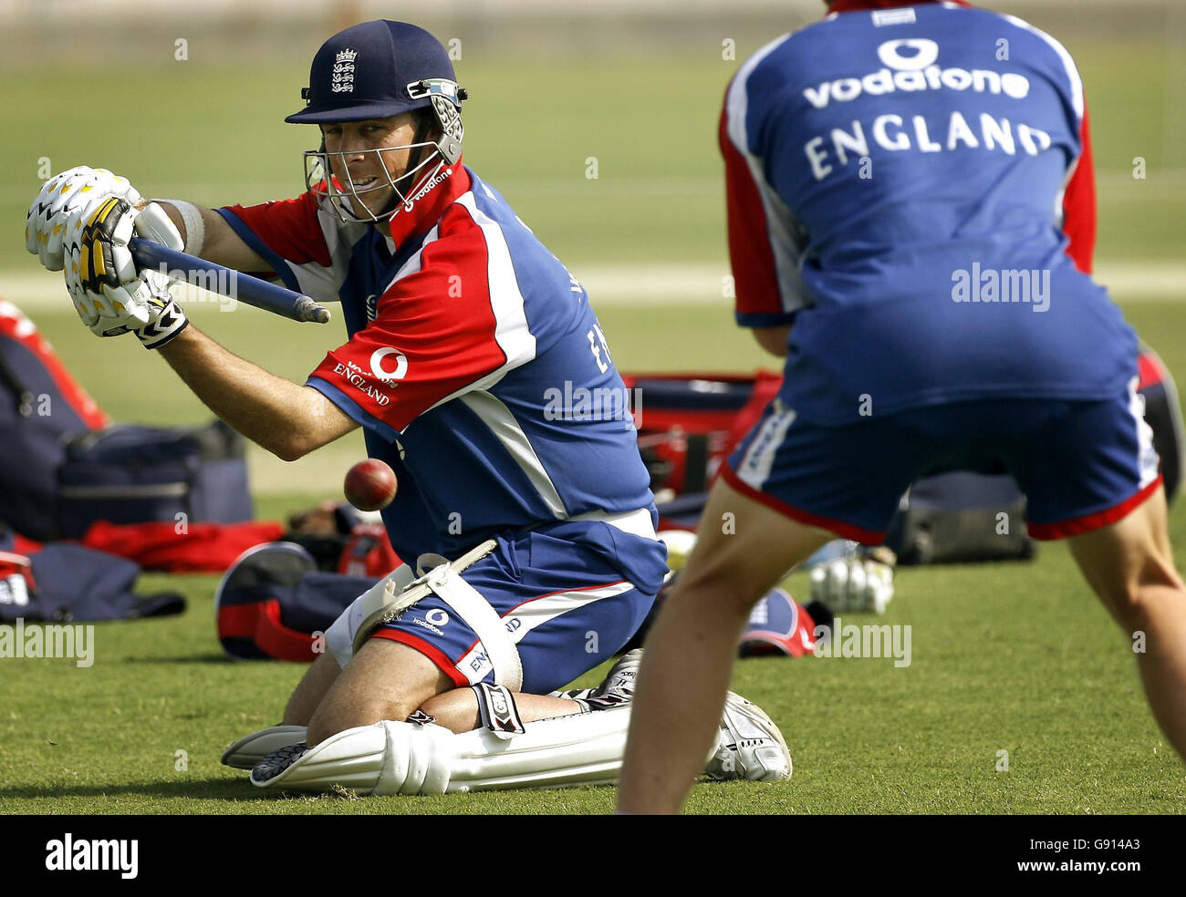 England's vice captain Marcus Trescothick hits the ball to the slip ...