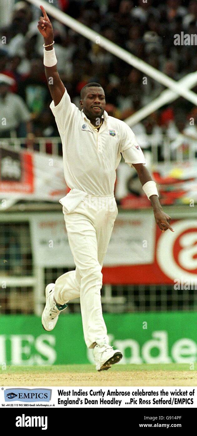 West Indies bowler Curtly Ambrose celebrates taking the wicket of ...