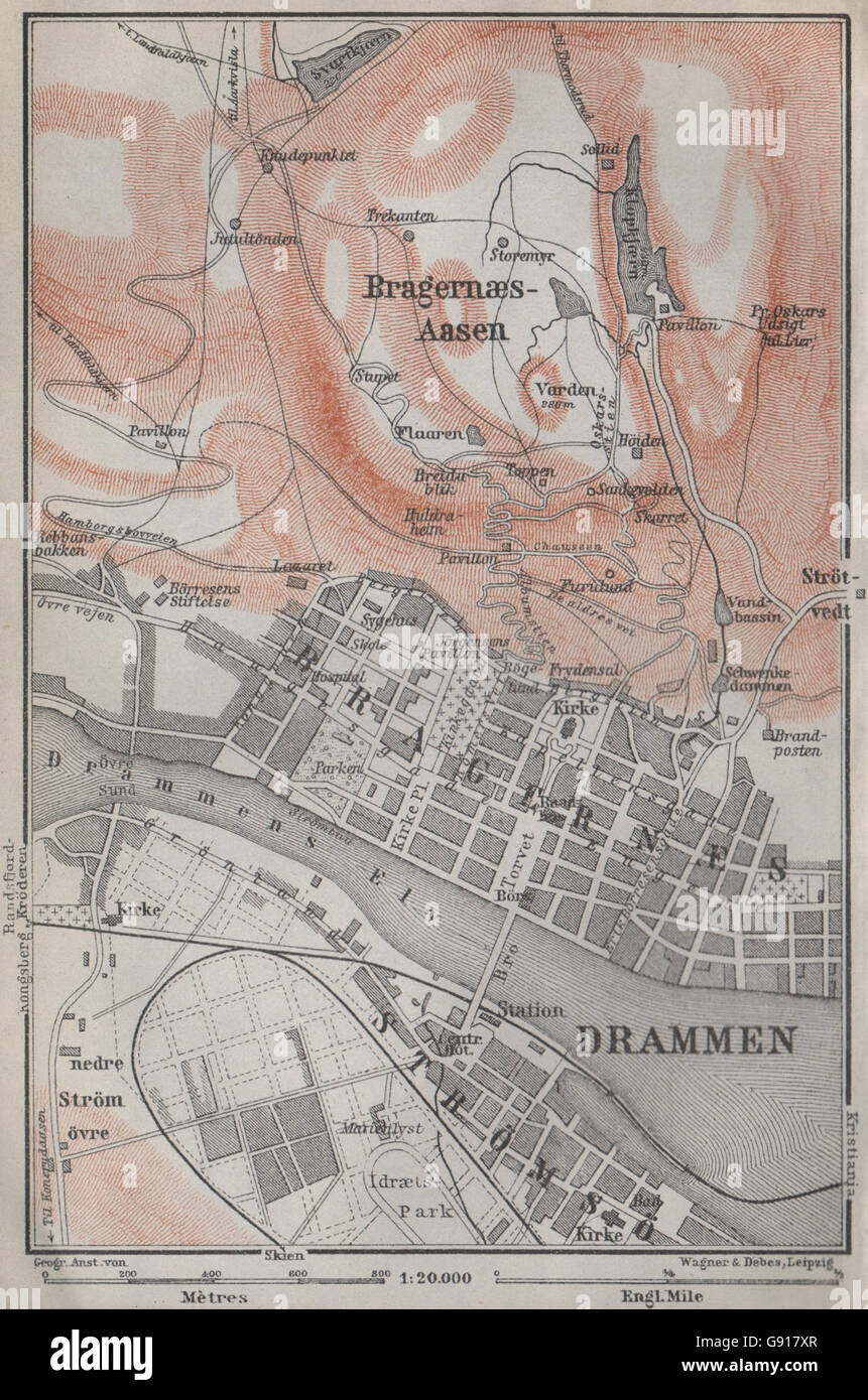 DRAMMEN antique town city byplan. Norway kart. BAEDEKER, 1909 antique ...