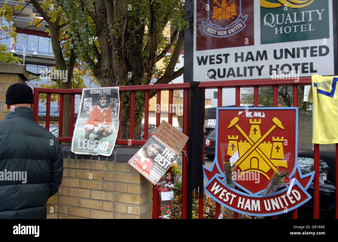 George Best posters hang outside Upton Park, before the Barclays ...