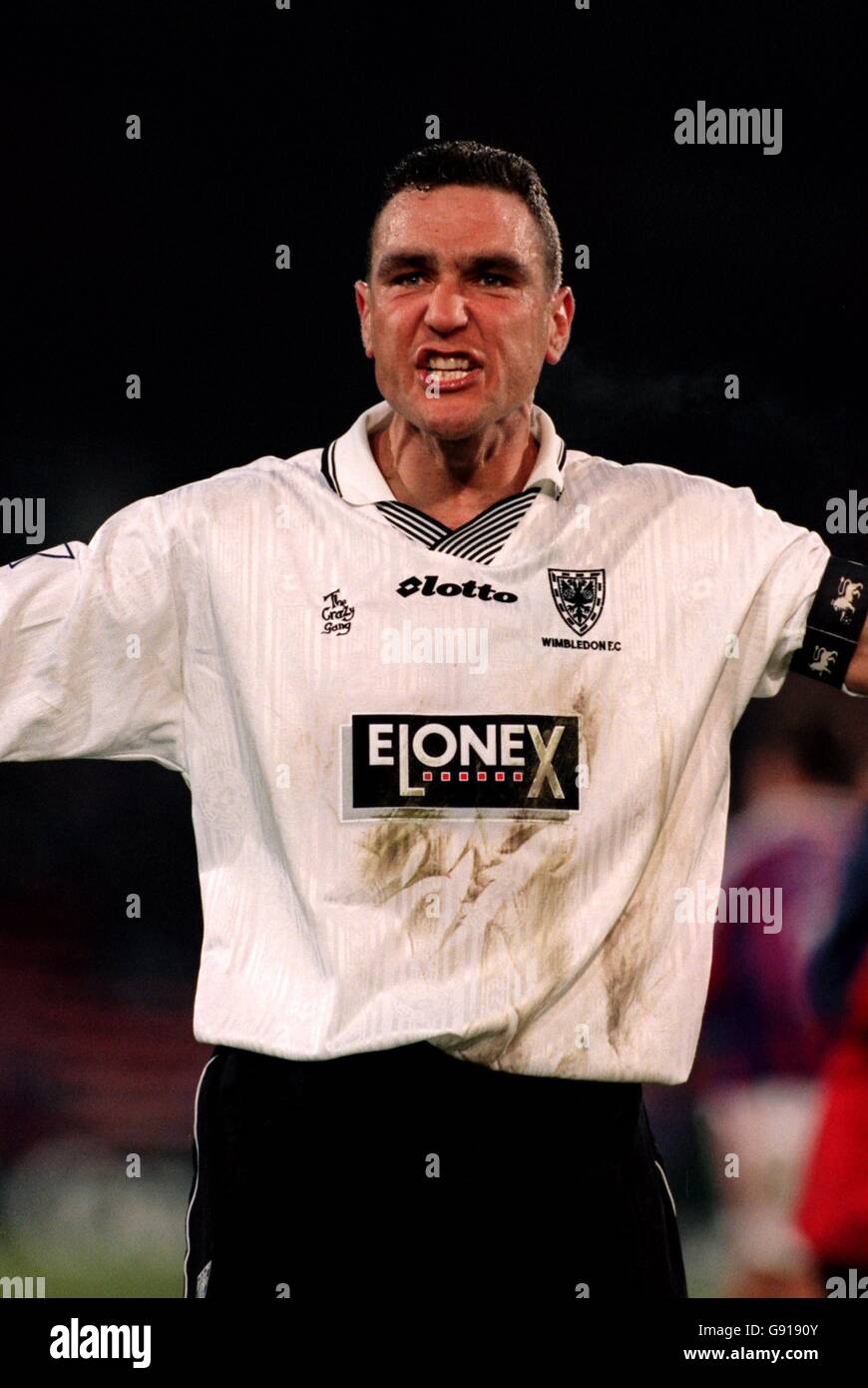 Wimbledon's Vinnie Jones shows his anger during the match Stock Photo ...
