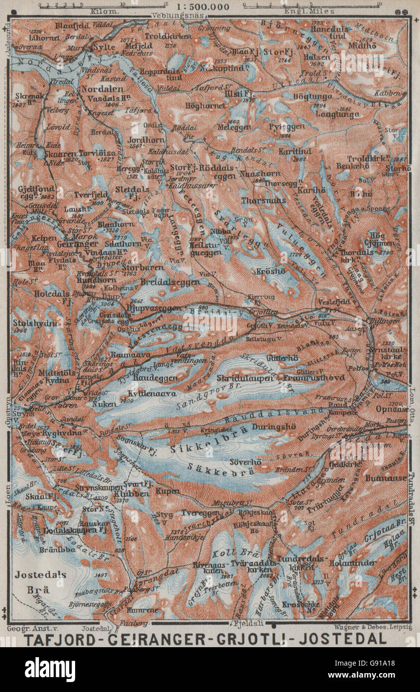Geiranger Polfos Tafjord Jostedal Grotli Topo-map. Norway kart, 1909 ...
