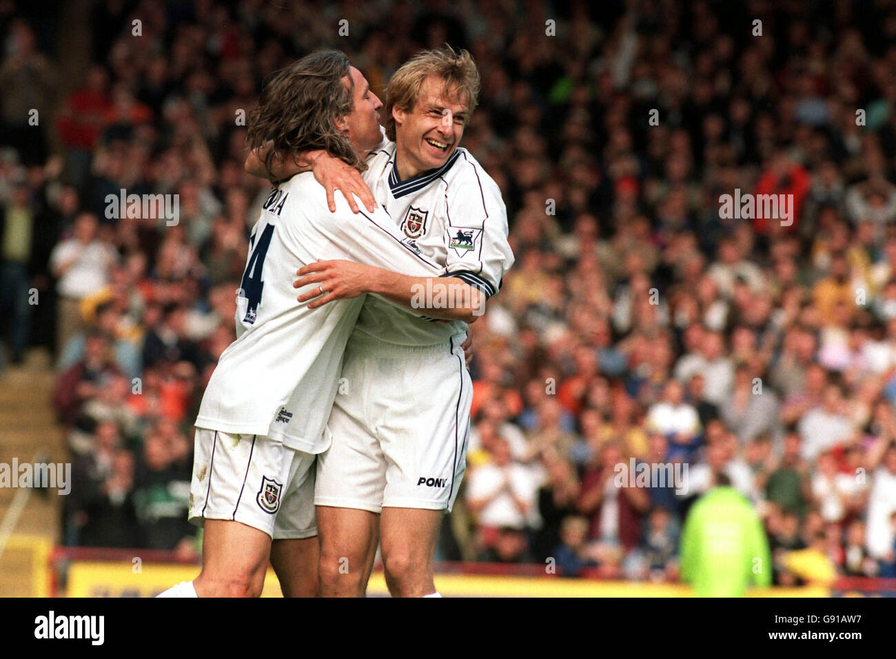 Tottenham hotspurs jurgen klinsmann celebrates his goal with david ...