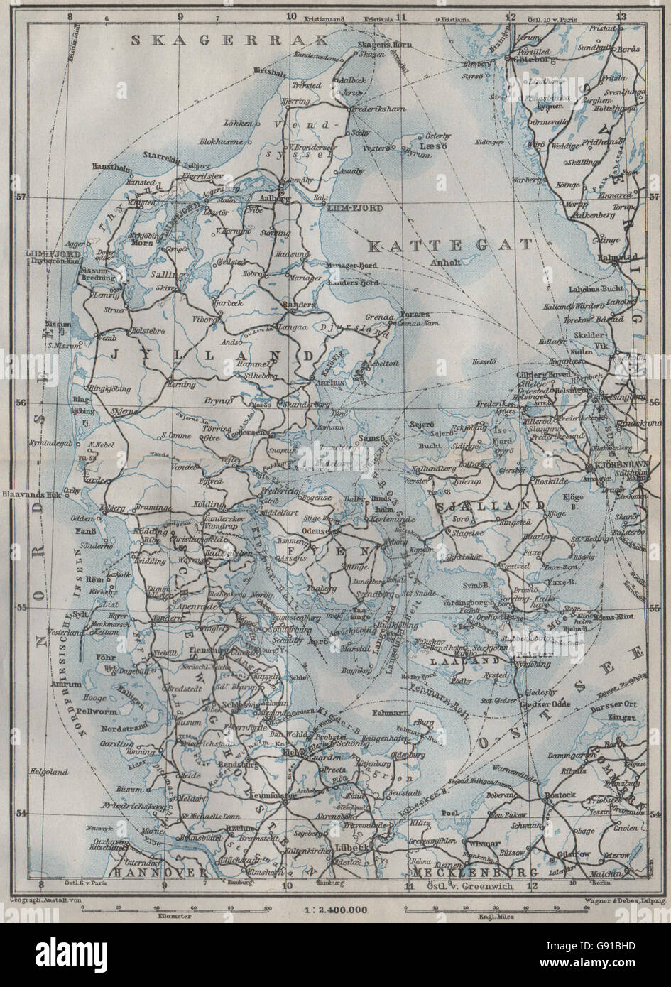 DENMARK AND SLESVIG. Schleswig-Holstein. Railways kort. BAEDEKER, 1909 ...