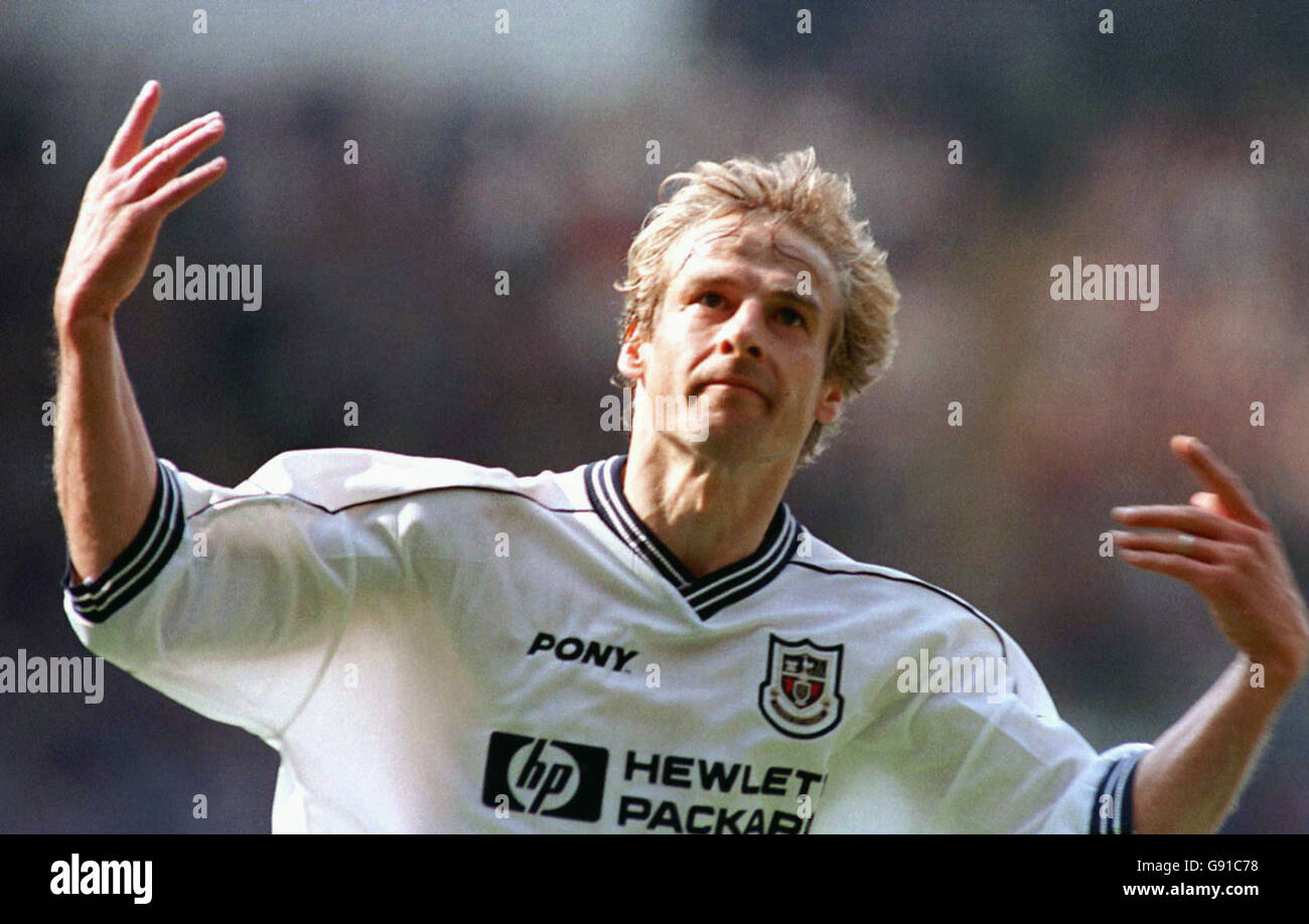 Jurgen Klinsmann celebrates scoring on his last appearance for ...