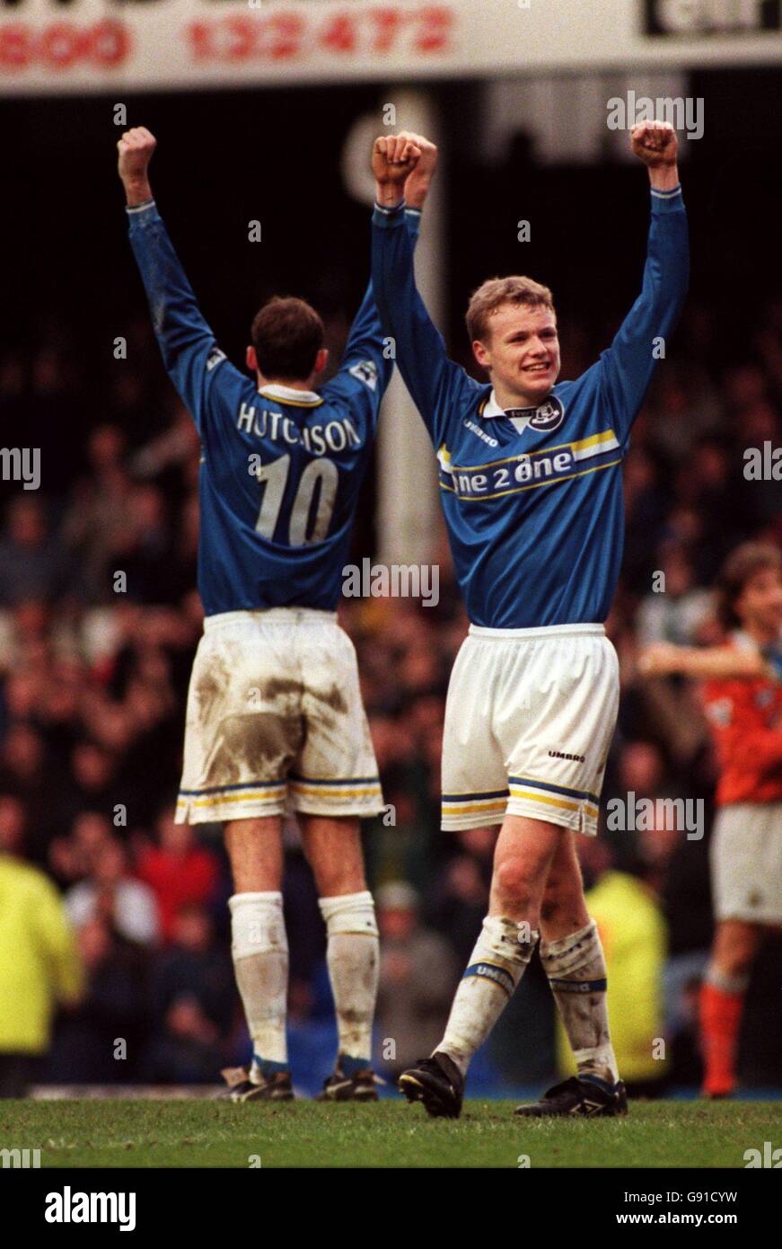 Everton's Michael Ball (right) and Don Hutchison (left) celebrate ...