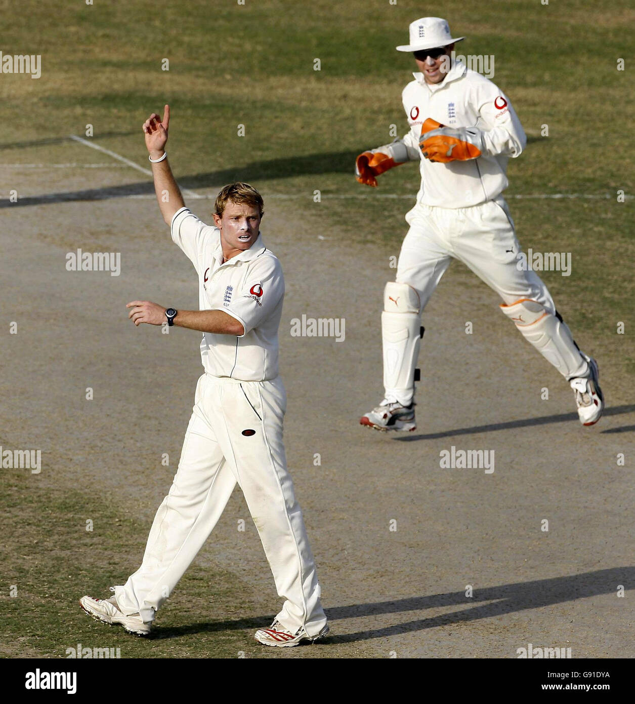 England's Ian Bell (L) celebrates his caught and bowled wicket of ...