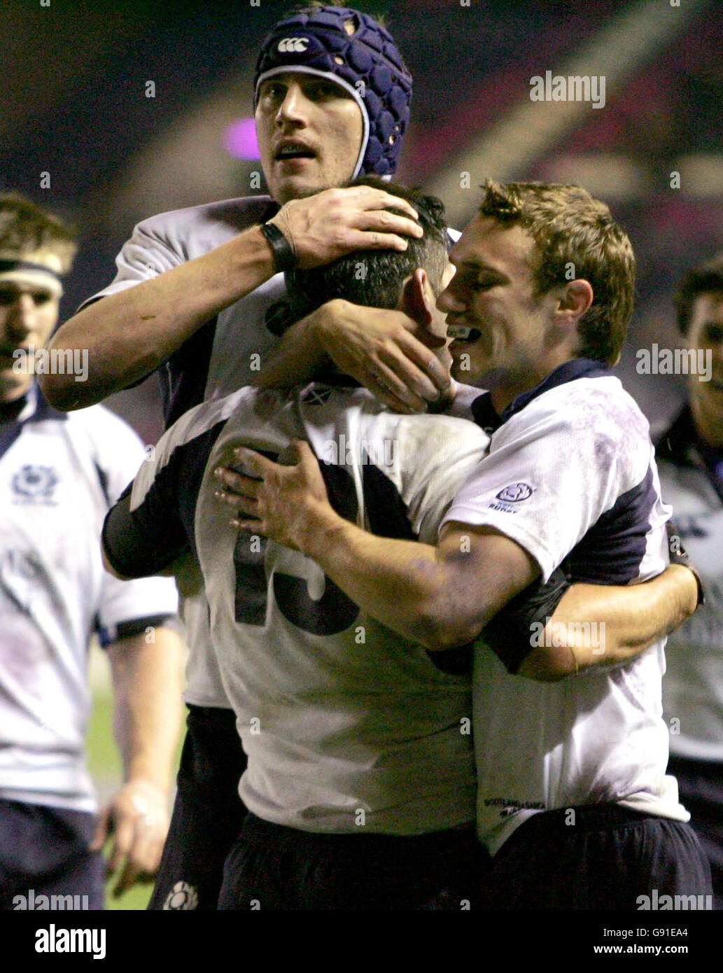 Scotland's Marcus Di Rollo (C) celebrates his try against Samoa with ...