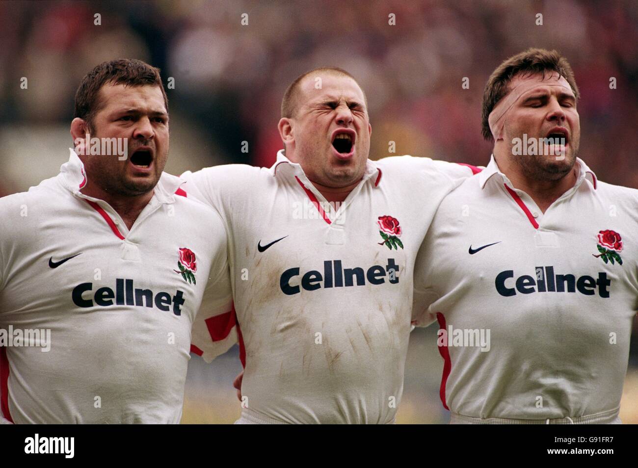 L-R : Darren Garforth, Richard Cockerill and Jason Leonard, England ...