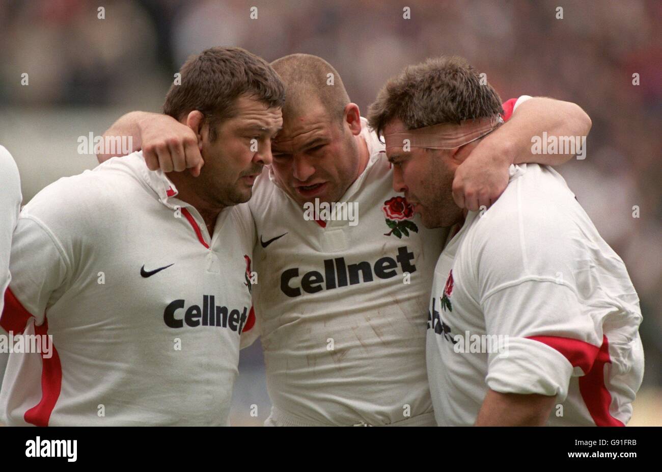 L-R : Darren Garforth, Richard Cockerill and Jason Leonard, England ...