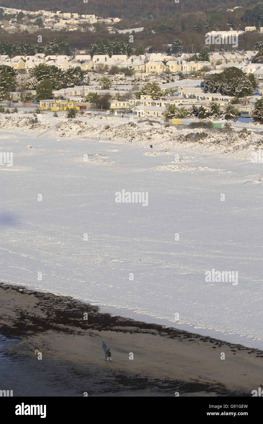An aeial view of Par beach near Fowey, which is covered in snow ...