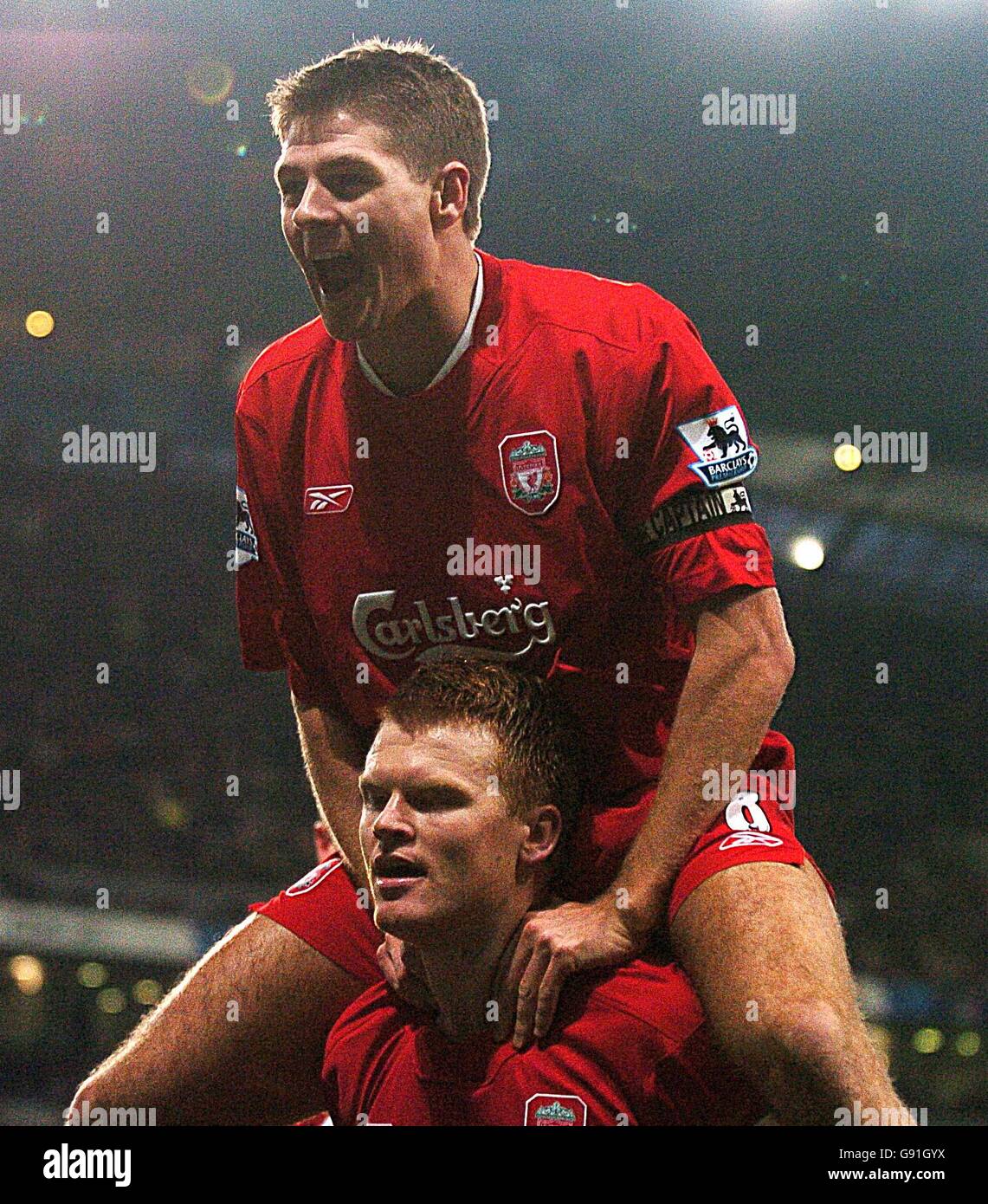 Liverpools john arne riise celebrates his goal with steven gerrard hi ...
