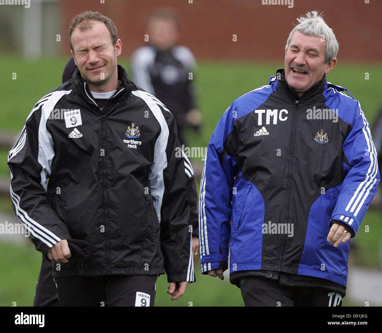 Newcastle United's Alan Shearer (L) and Terry McDermott share a joke ...