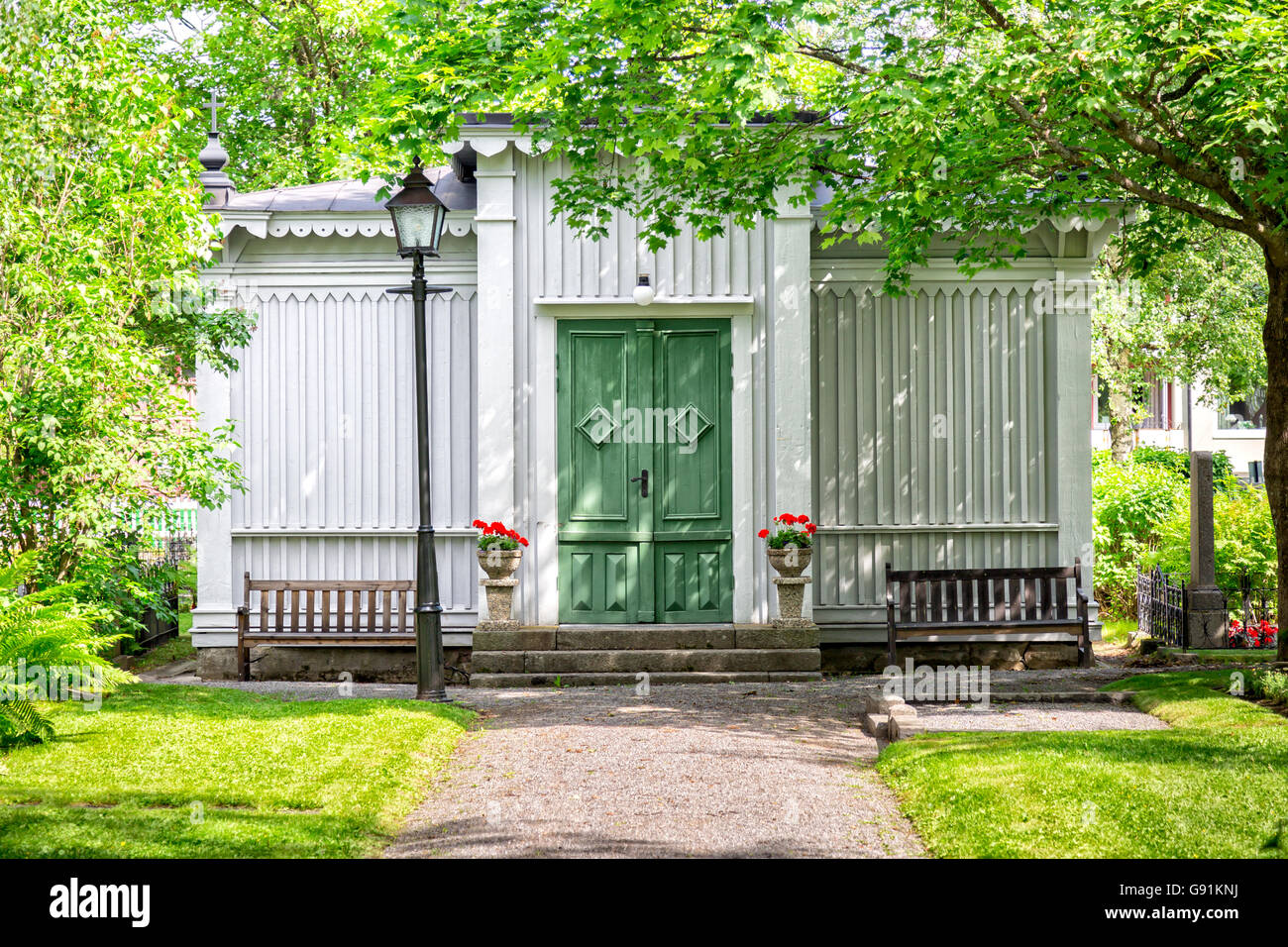 Cemetery Building with Trees Stock Photo - Alamy